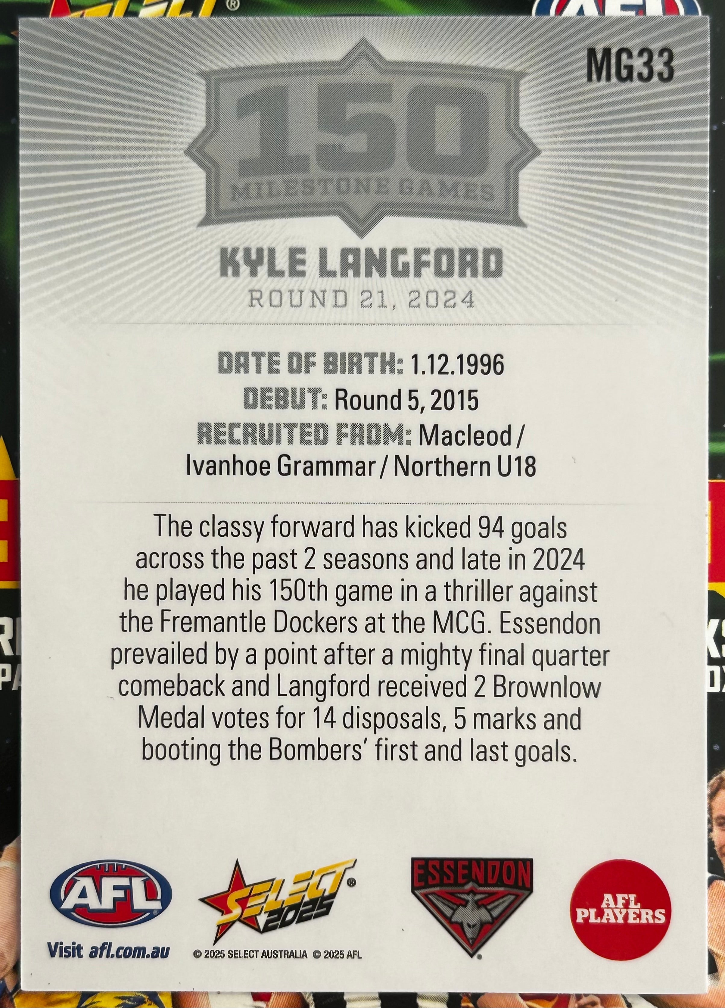 Select AFL 2025 Footy Stars - KYLE LANGFORD (ESSENDON) 150 Milestone G ...