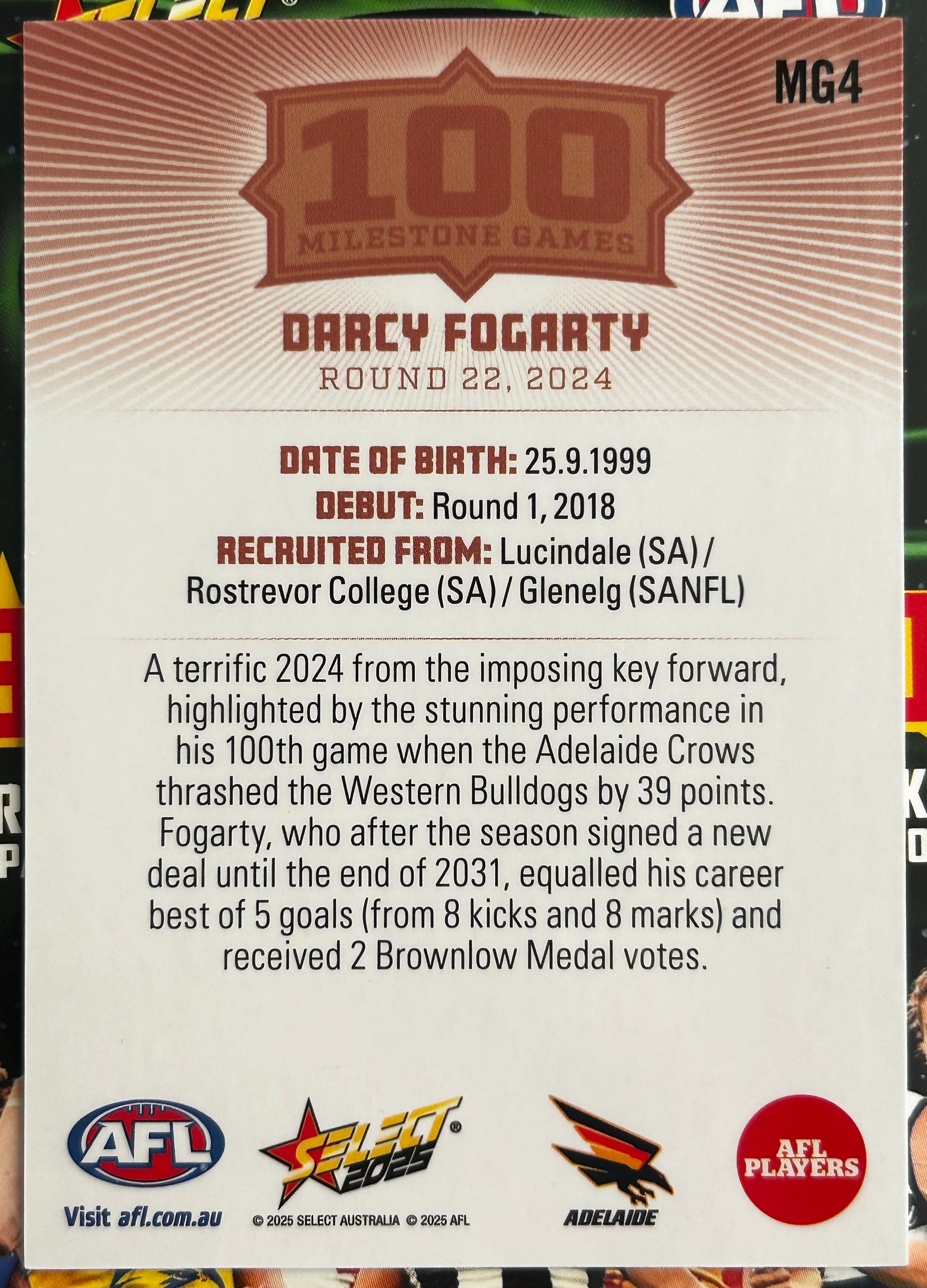 Select AFL 2025 Footy Stars - DARCY FOGARTY (ADELAIDE CROWS) 100 Miles ...