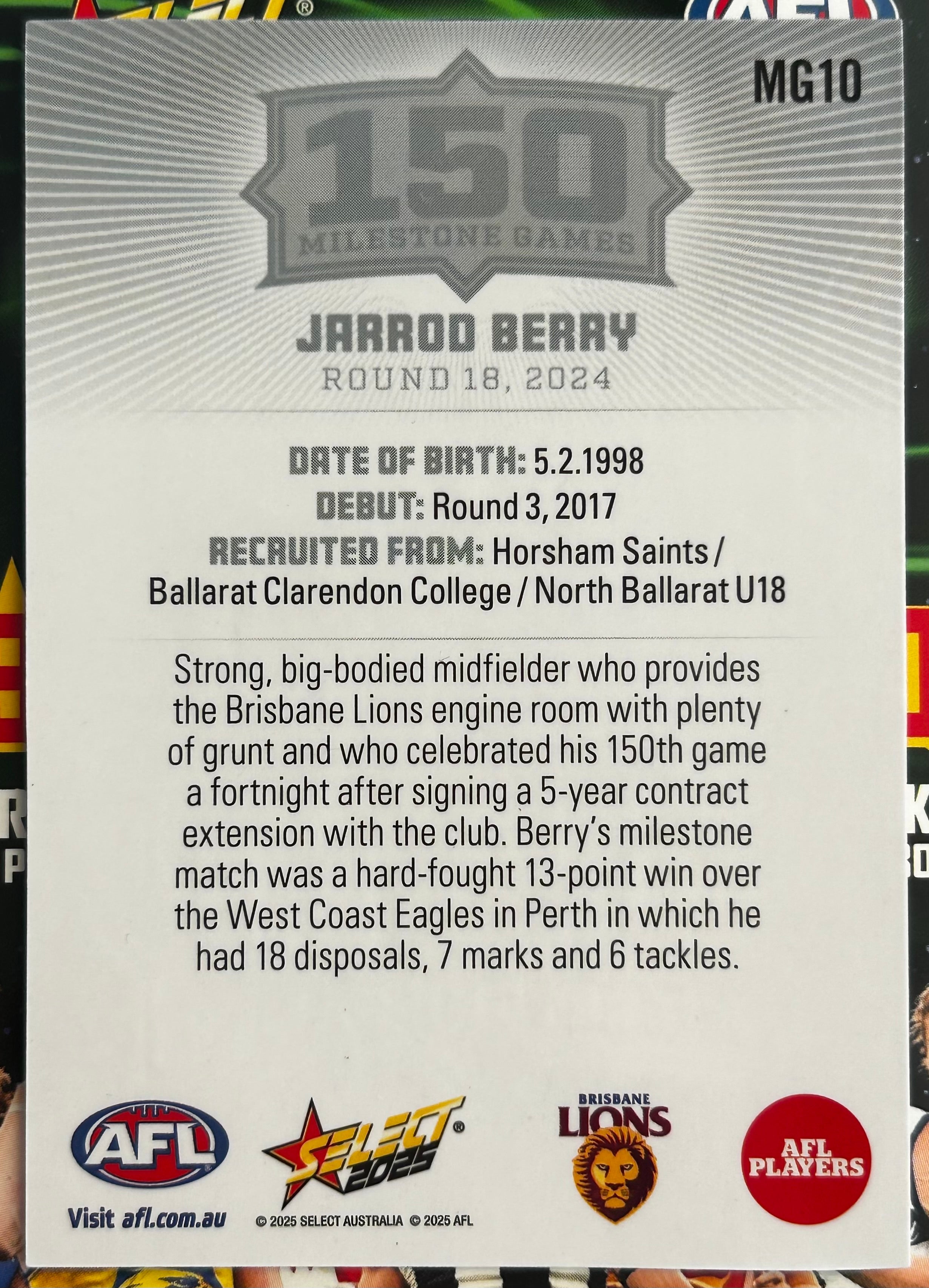 Select AFL 2025 Footy Stars - JARROD BERRY (BRISBANE LIONS) 150 Milest ...